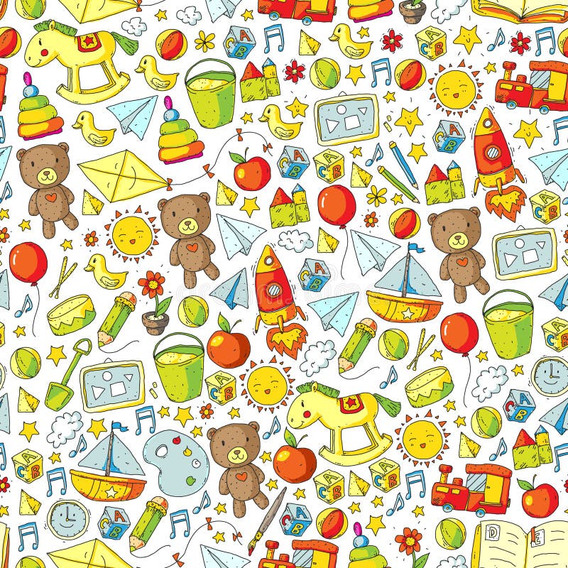 Kindergarten Vector Seamless Pattern with Toys and Items for Education ...