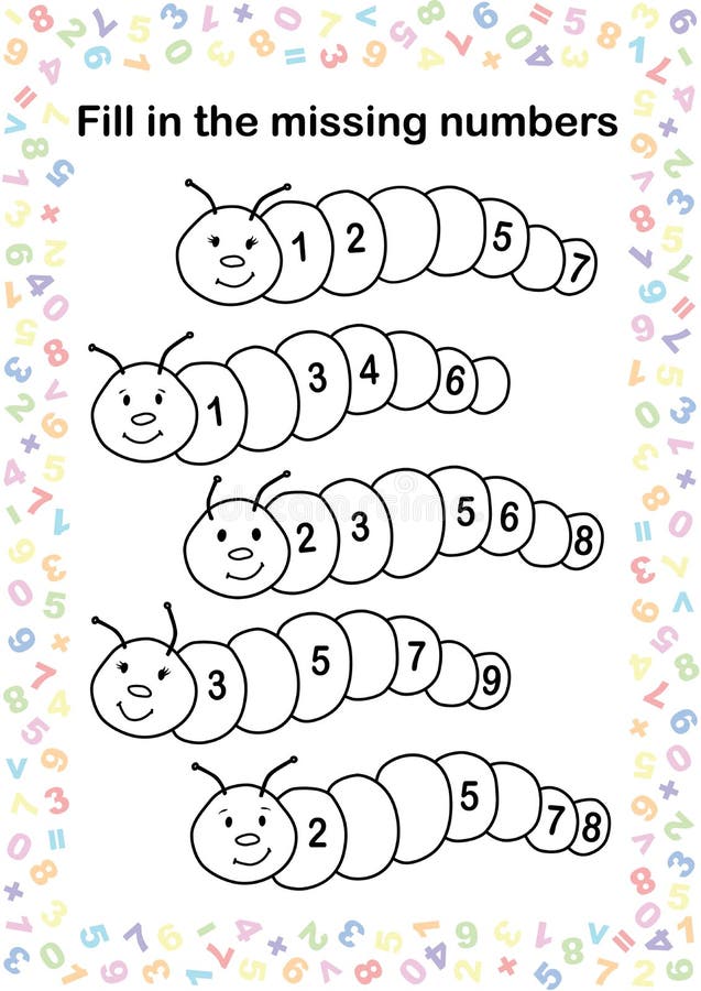 Kindergarten Worksheet, Fill the Missed Numbers Exercise, Vector Format ...