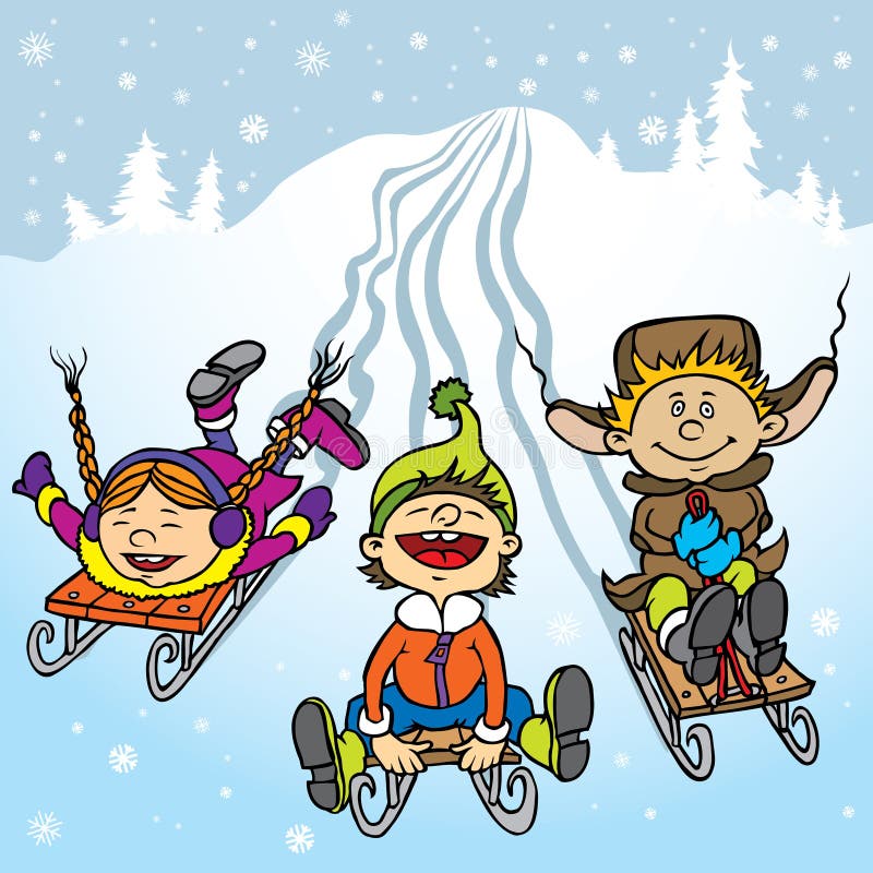 Kinder Auf Schlitten Im Winter Vektor Abbildung - Illustration von ...