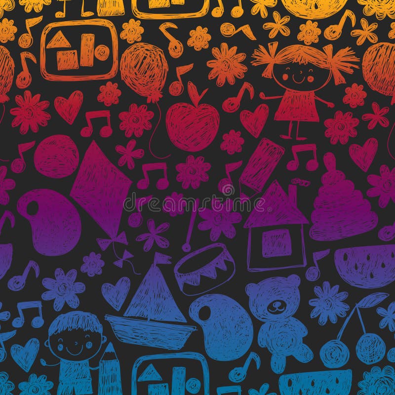 Kindgergarten Vector Pattern. Kids Drawing Style. Children Play and ...