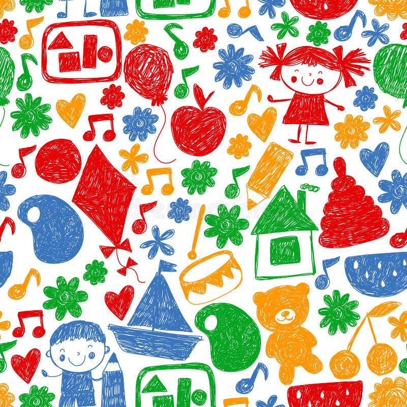 Kindgergarten Vector Pattern. Kids Drawing Style. Children Play and ...
