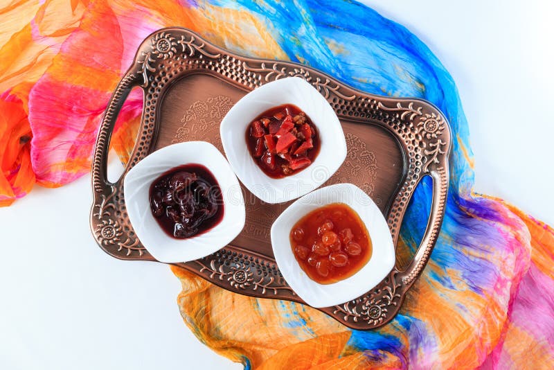 3 Kinds of Jam on a Tray. Top View. Stock Image - Image of homemade ...