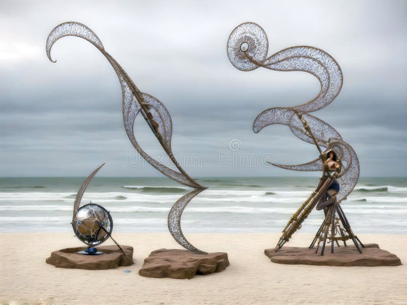Kinetic Sculpture Propelled by Wind on Beach, Generative AI ...