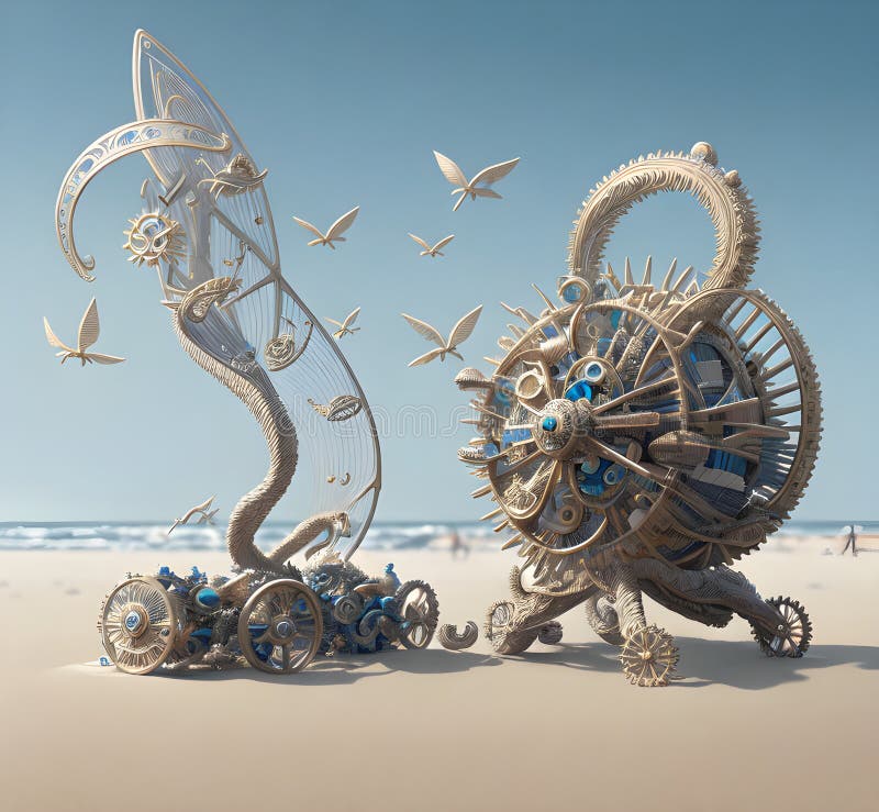 Kinetic Sculpture Propelled by Wind on Beach, Generative AI ...