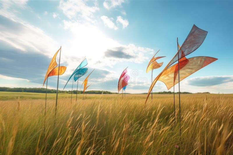 Kinetic Wind Sculptures Swaying in an Open Field Stock Illustration ...