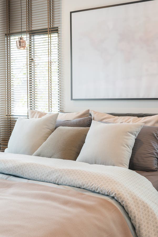 King Bed Size with Set of Pillws and Set of Tea on Tray in Class Stock ...