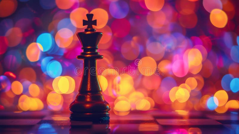 King Chess Piece on a Board with Vibrant Bokeh Lights Stock Photo ...