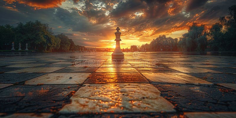 King Chess Piece on a Chessboard at Sunset with a Golden Sky Backdrop ...