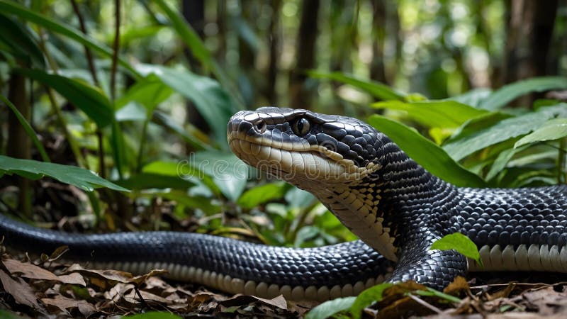 King Cobra in Motion with Hood Raised in Dense Rainforest Underbrush ...