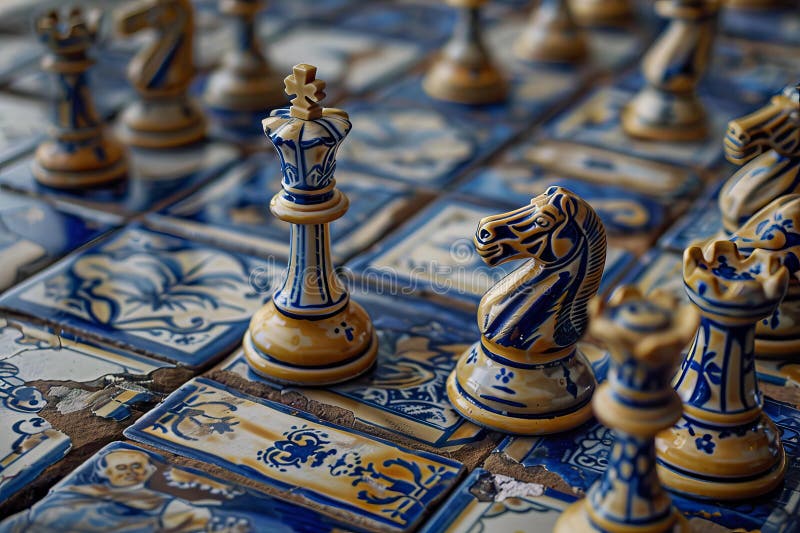 King and Knight Chess Pieces Standing on Decorative Ceramic Chessboard ...