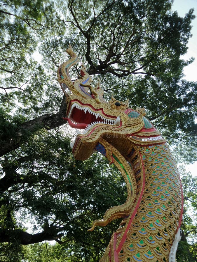 King of Naga Guarding Entrance of Temple Under Big Tree Stock Photo ...