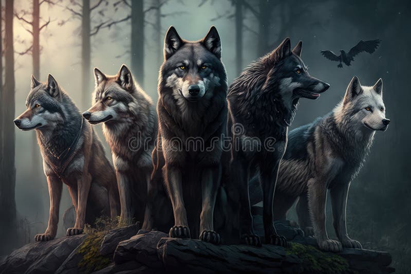 King of the Pack Group of Wild Wolves Sitting Together in the Forest ...