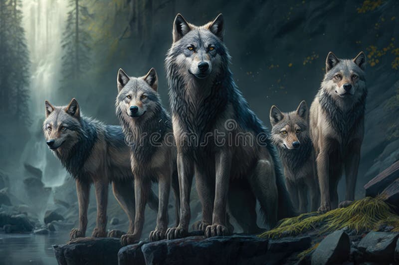 King of the Pack Group of Wild Wolves Sitting Together in the Forest ...