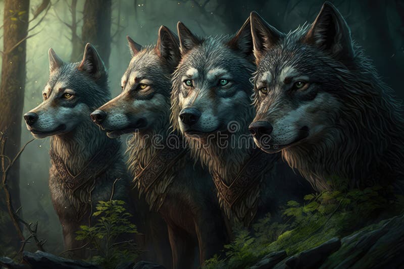 King of the Pack Group of Wild Wolves Sitting Together in the Forest ...