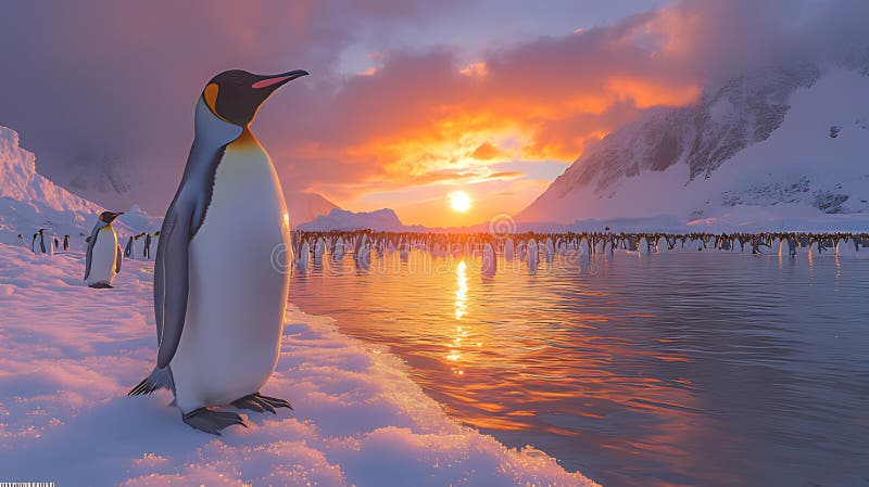 King Penguin Sunset Antarctic Colony Wildlife Stock Illustration ...