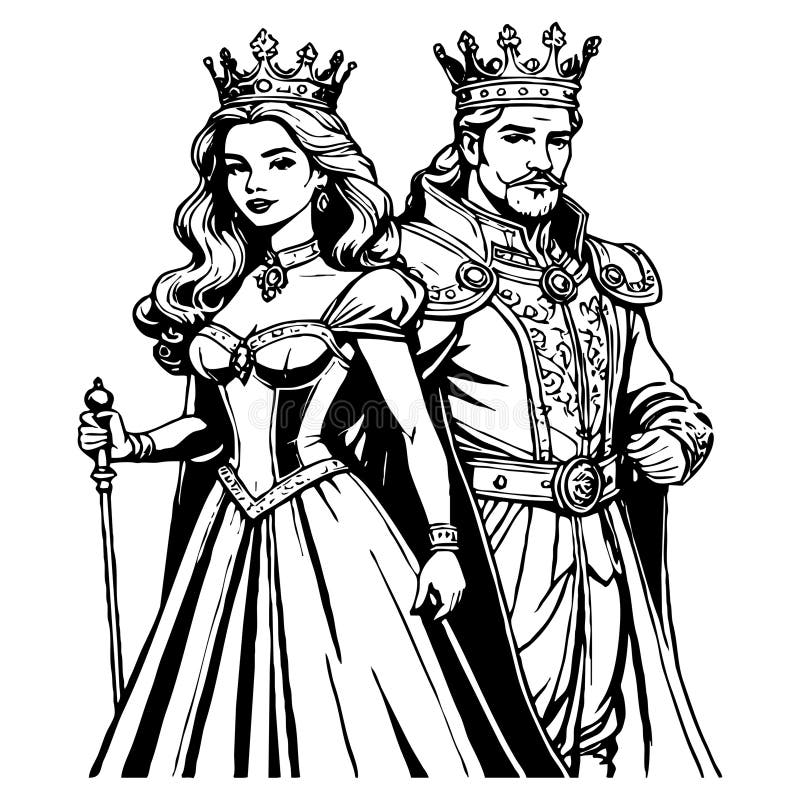 King and Queen . Fictional Characters. Black and White Illustration for ...