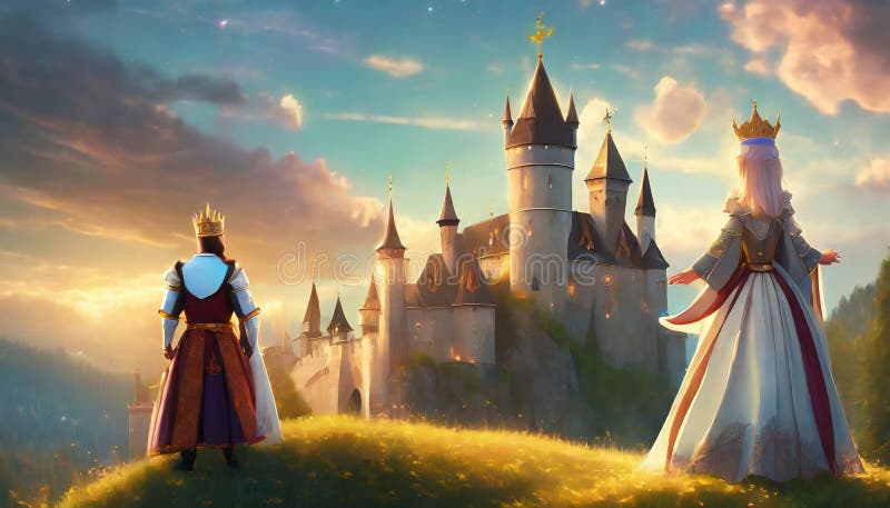 King with Queen in Front of Castle Stock Illustration - Illustration of ...