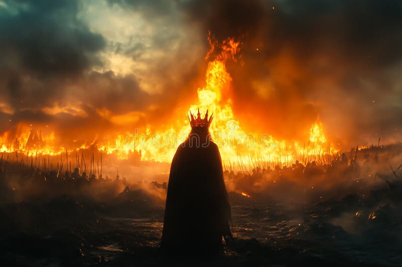 A King Stands Defiantly with a Burning Crown As Flames Engulf the ...