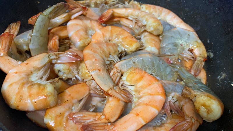 King Tiger Prawns in Shell are Fried in a Pan Stock Photo - Image of ...