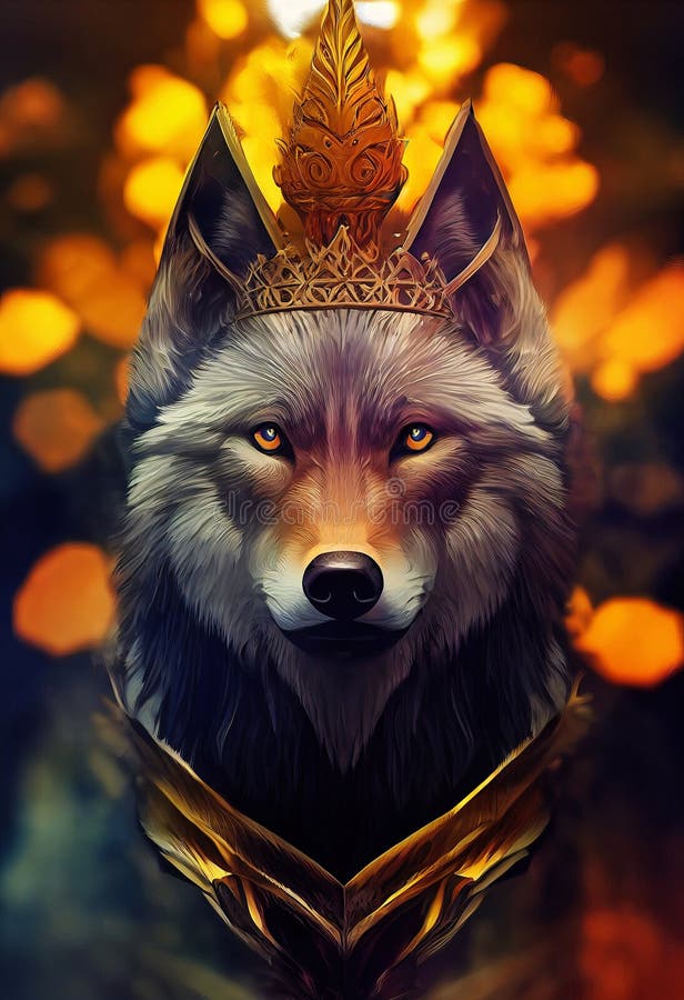 King Wolf Portrait. Gray Wolf with a Crown. Beautiful Fabulous Gray ...