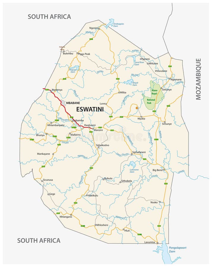 Kingdom of Eswatini Formerly Swaziland Road Map Stock Vector ...