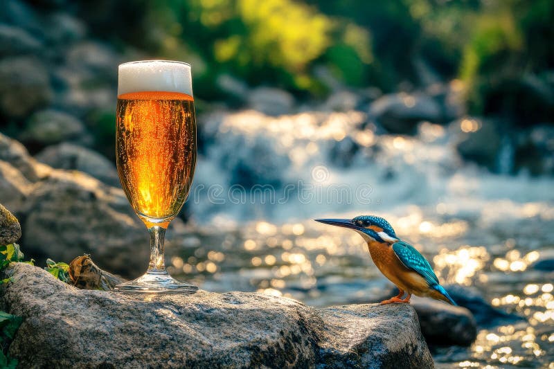 Kingfisher Bird and Beer by a Stream at Sunset Stock Illustration ...