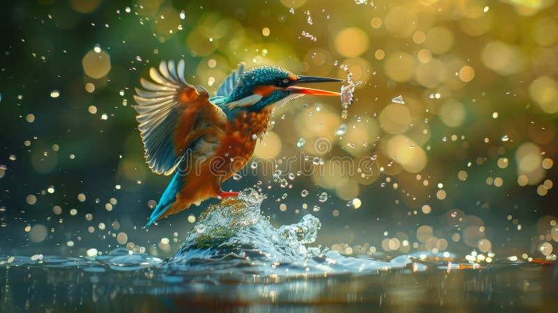 Kingfisher Diving in Pond, High Speed Prey Capture with Blue Flash and ...