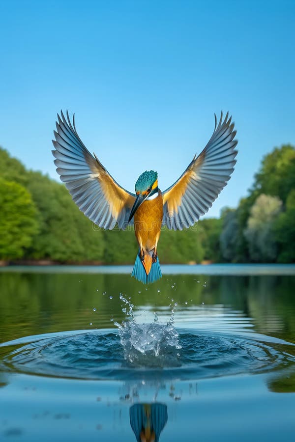 Kingfisher Flies Over the Water before a Fishing Stock Illustration ...