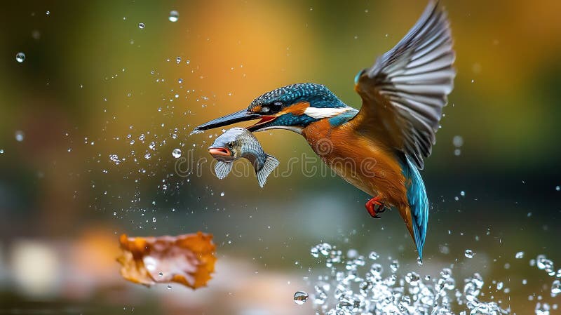Kingfisher in Flight, Catching Fish, Water Splash, Autumn Leaves Stock ...