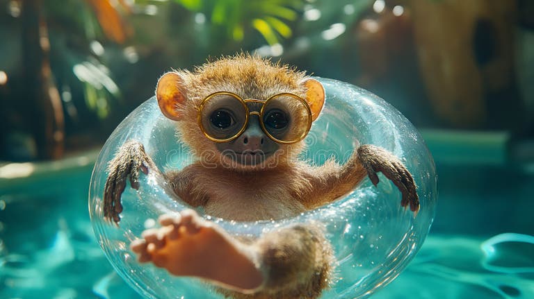 Kinkajou in Bubble Float, Gold Glasses, Lush Pool . Stock Photo - Image ...