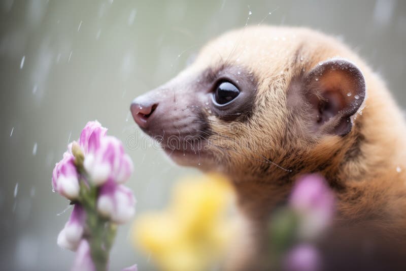 Kinkajou in Soft Focus Behind a Spray of Orchid Flowers Stock Photo ...