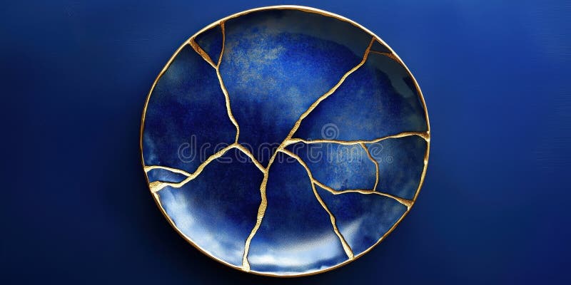 Kintsugi Art Plate with Blue Glaze and Gold Cracks on a Blue Background ...