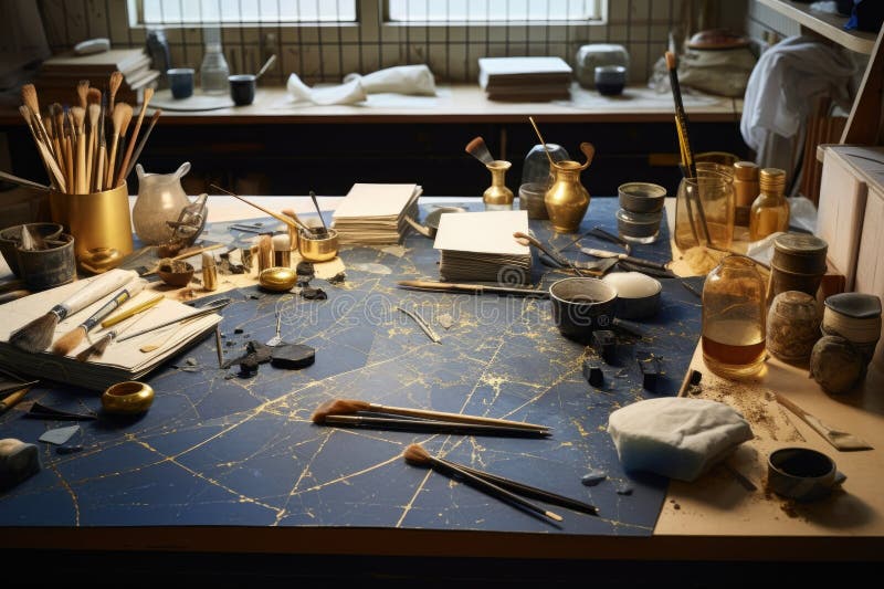 Kintsugi Materials and Tools Arranged Neatly on Workspace Stock Photo ...