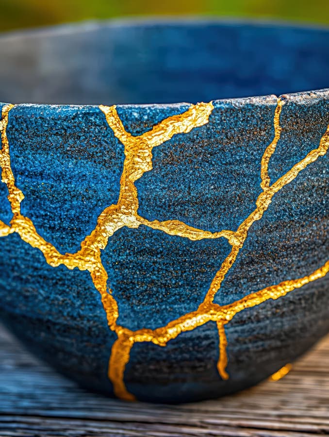 Kintsugi Pottery: Blue Bowl Repaired with Gold Lacquer. Stock ...