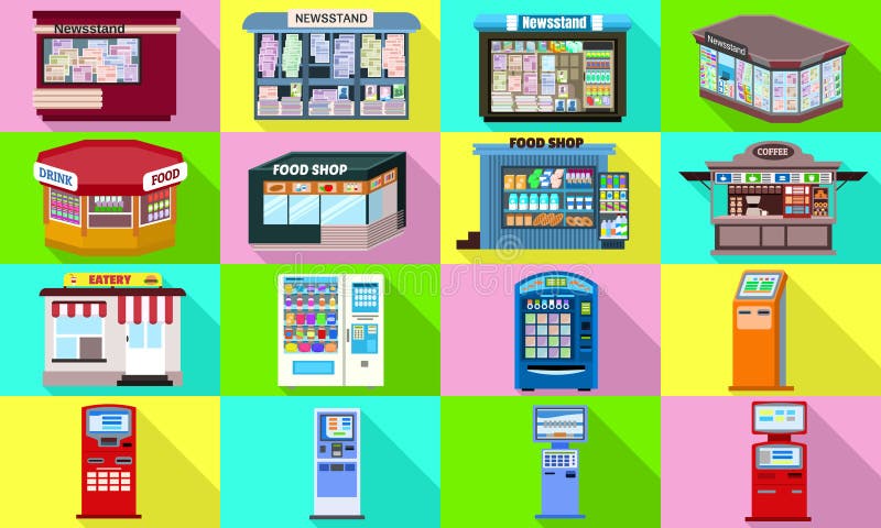 Kiosk Icons Set, Flat Style Stock Vector - Illustration of person ...