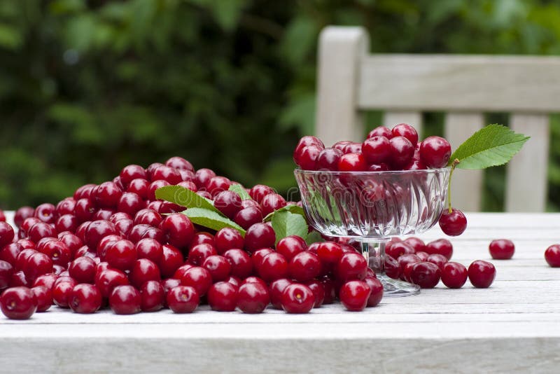 Kirschen Auf Einer Tabelle in Einem Garten Stockbild - Bild von stein ...
