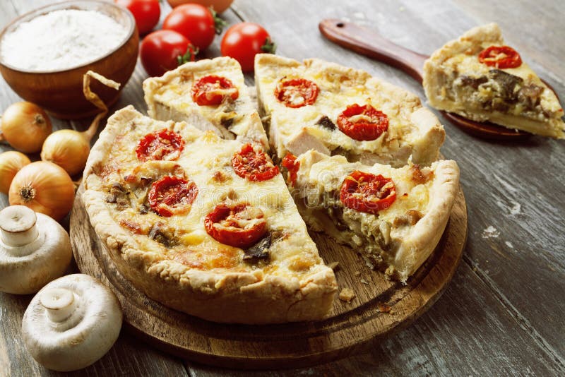 Kish with Chicken, Mushrooms and Cherry Tomatoes Stock Image - Image of ...