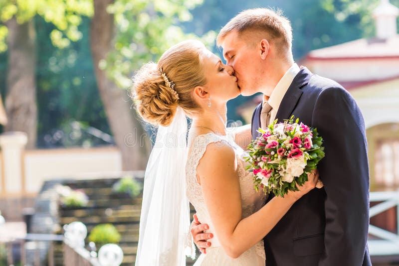 Kiss the bride and groom stock image. Image of family - 69788831