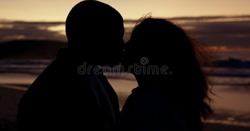 Kiss Silhouette And Sunset With Couple At Beach For Romance Bonding