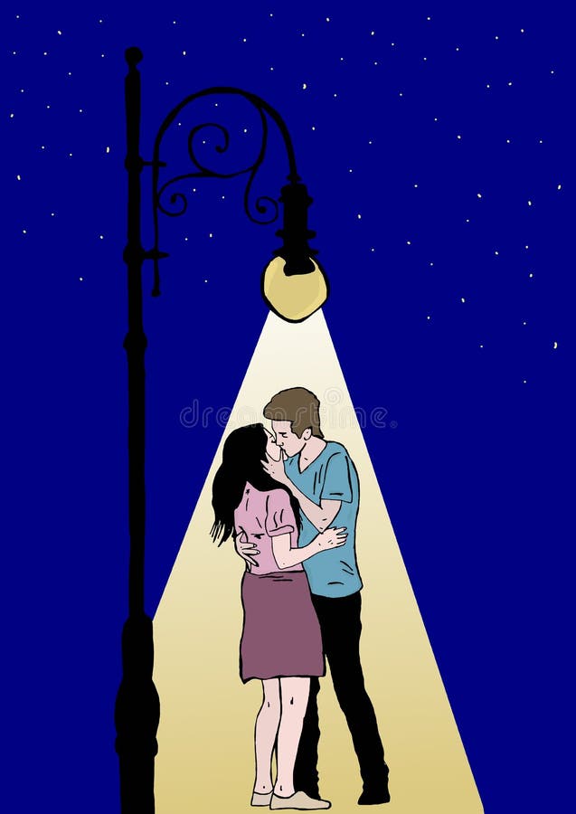 A Kiss Under the Street Light Stock Illustration - Illustration of ...