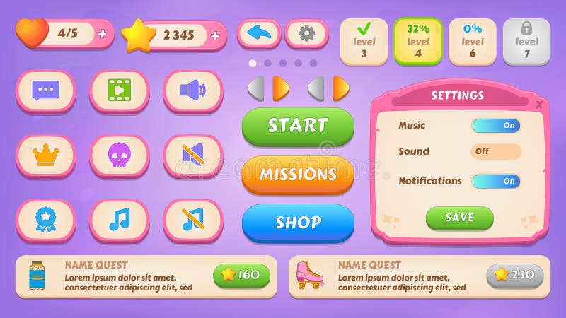 Kit. GUI Kit Casual Assets for a Game Mobile, a Set of User Interface Elements and Pop-ups for ...