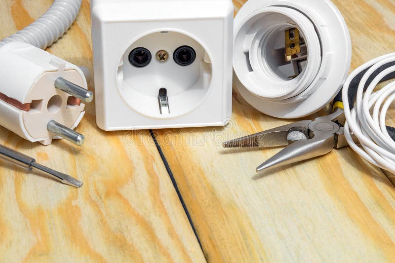 Kit Spare Parts and Tools for Electrical Repairs on Wooden Boards Stock ...