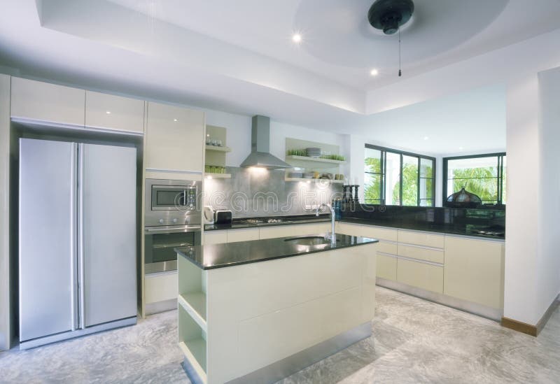 Luxurious Modern Open-Plan Galley Kitchen Stock Photo - Image of ...
