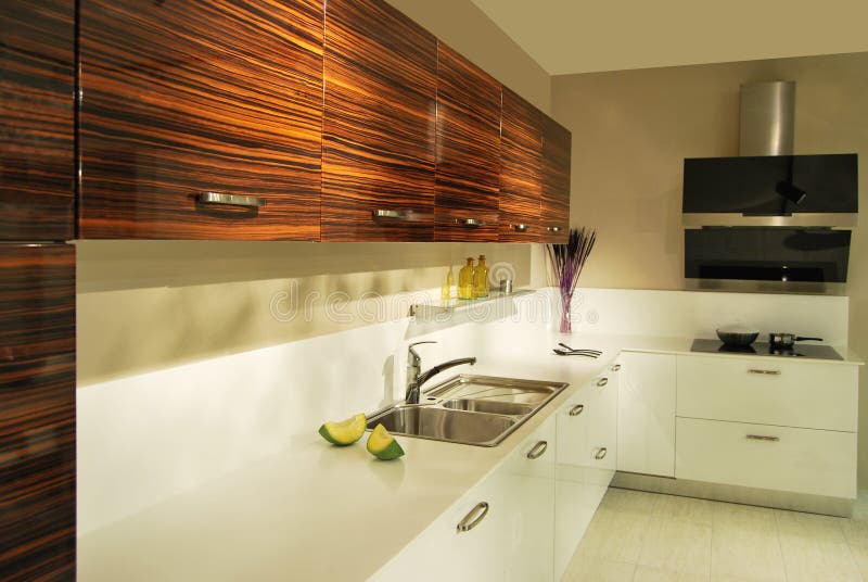 Modern Interior Kitchen with Brown Base Kitchen Cabinets and White Wall ...