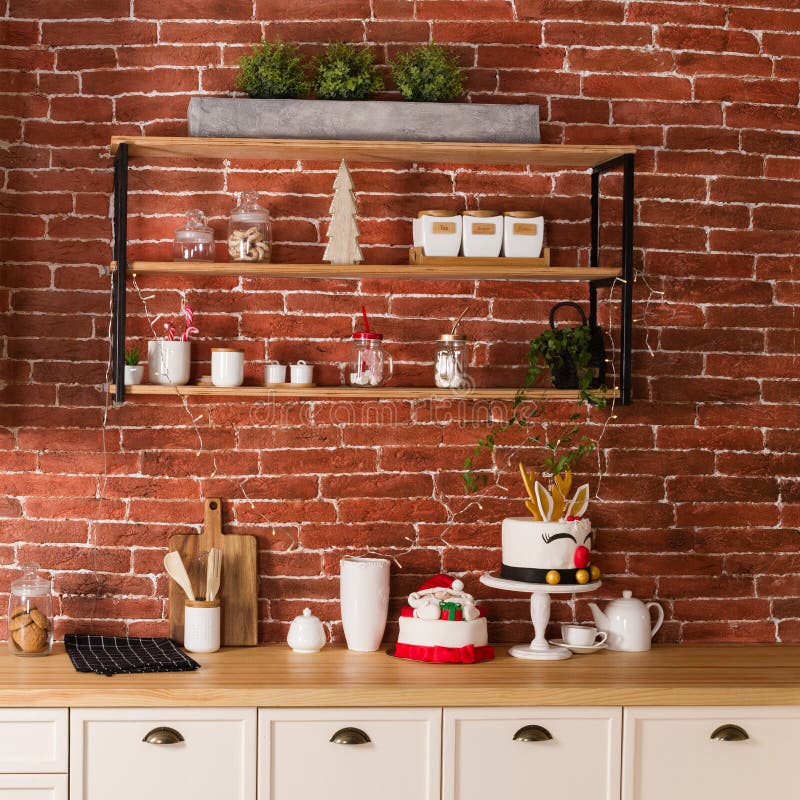 Kitchen Accessories on Counter with Bricks Wall Stock Image - Image of ...
