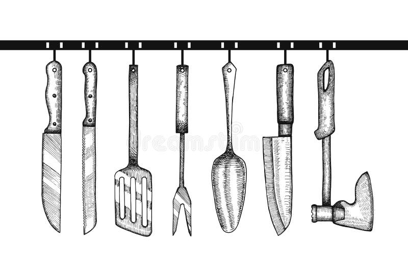 Kitchen Accessories Hand Drawing Stock Illustration - Illustration of ...