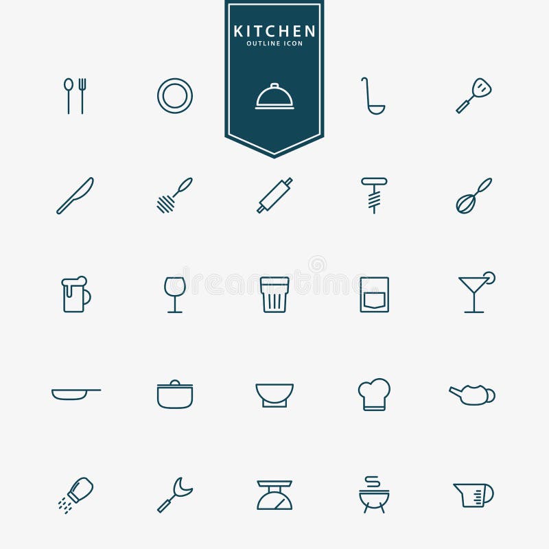 25 Kitchen Accessories Minimal Line Icons Stock Vector - Illustration ...