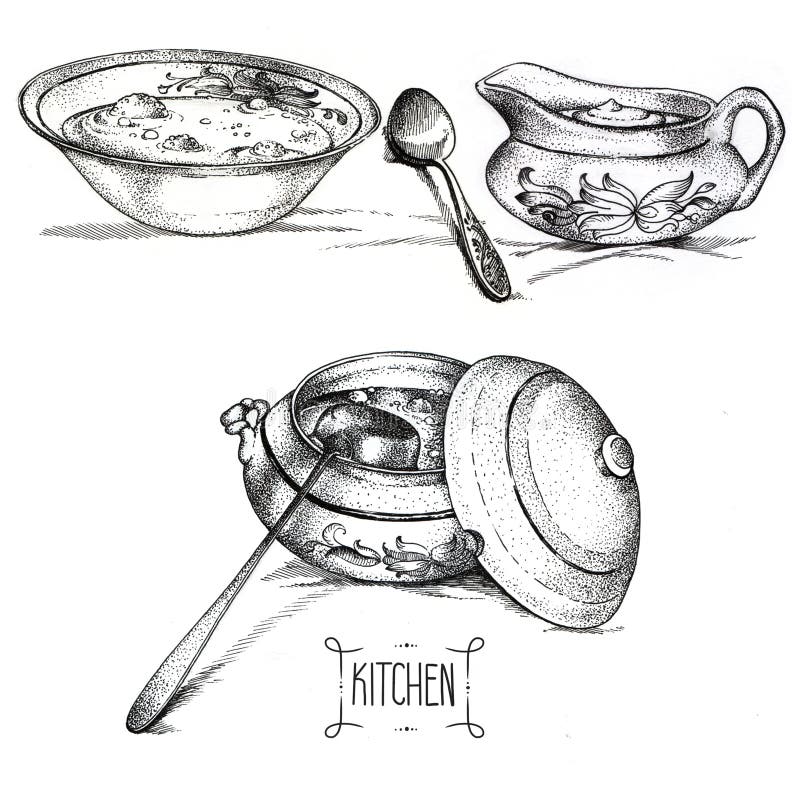 Kitchen Accessories and Plates with Dishes Stock Illustration ...