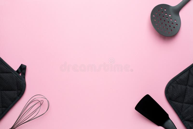 Kitchen Accessories Spatula Whisk on a Pink Background, Female Cooking ...