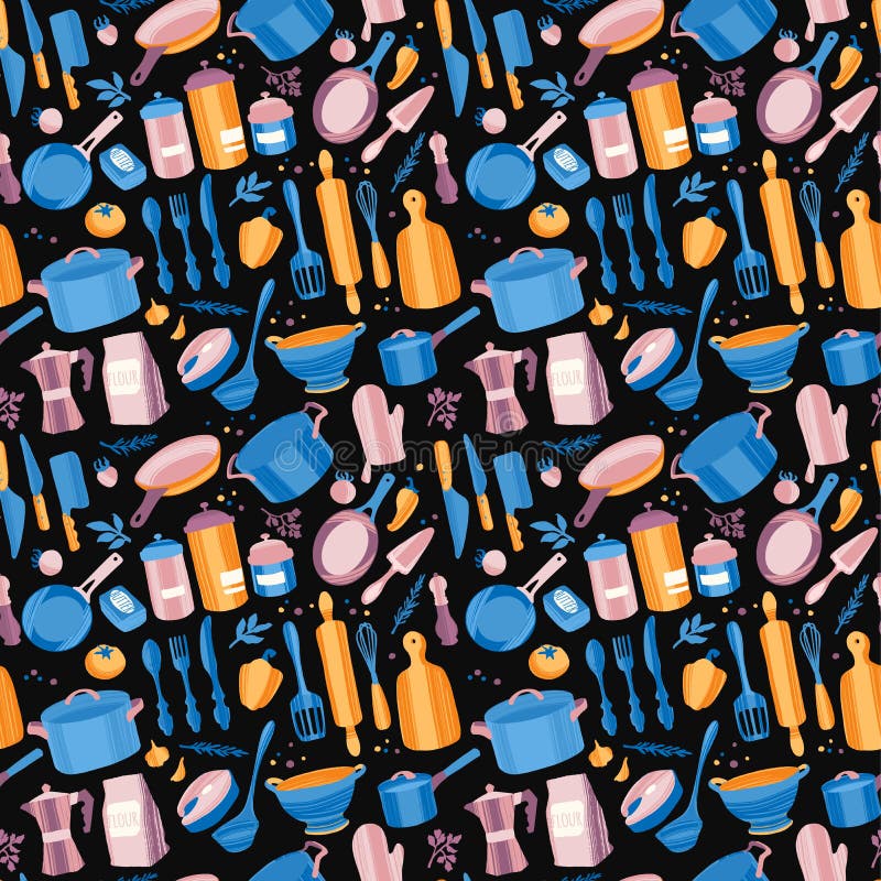 Kitchenware and Utensils. Cooking Flat Hand Drawn Seamless Pattern ...